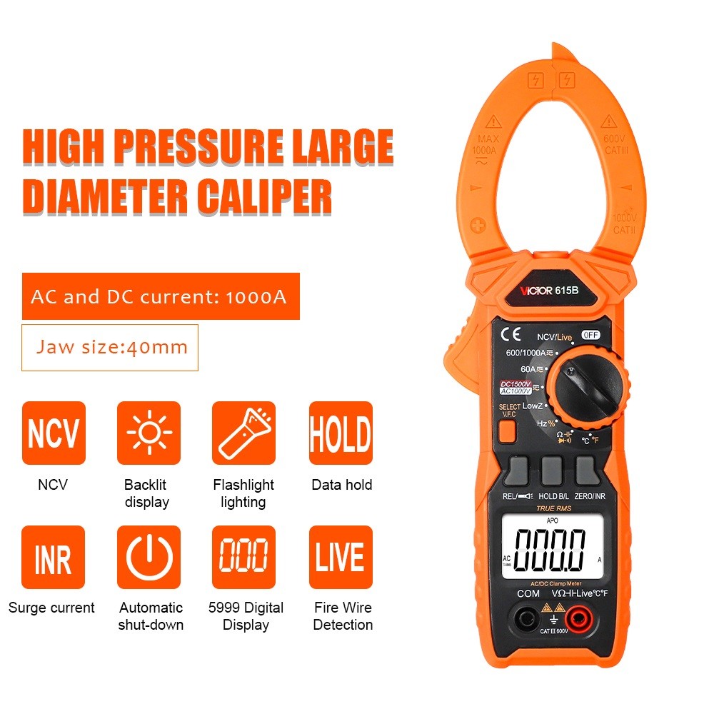 VICTOR 615B DC 1500V 1000A True RMS AC DC Digital Clamp Multimeter with ...