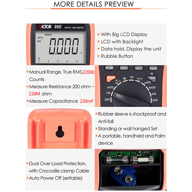 22000 Counts Digital Auto Range Multimeter LCD Display VICTOR 86E