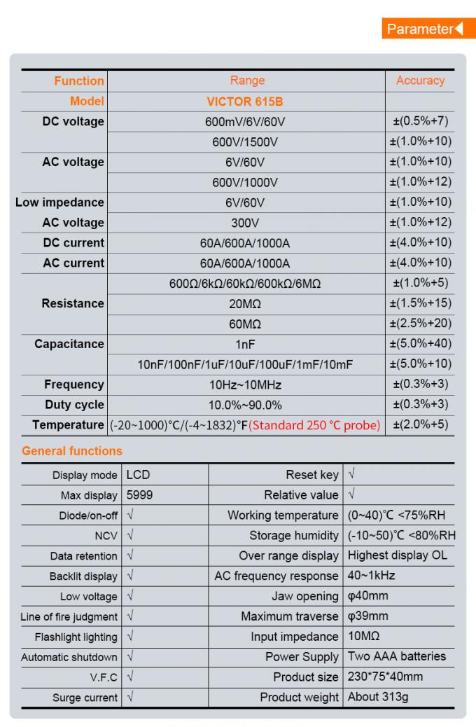 VICTOR 615B DC 1500V 1000A True RMS AC DC Digital Clamp Multimeter with ...